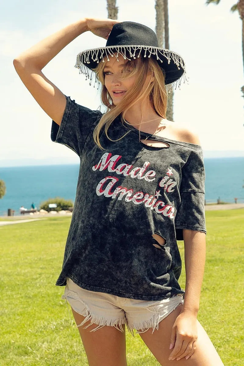BiBi Laser Cut Mineral Washed America Print Top – Awe Sweet Tees